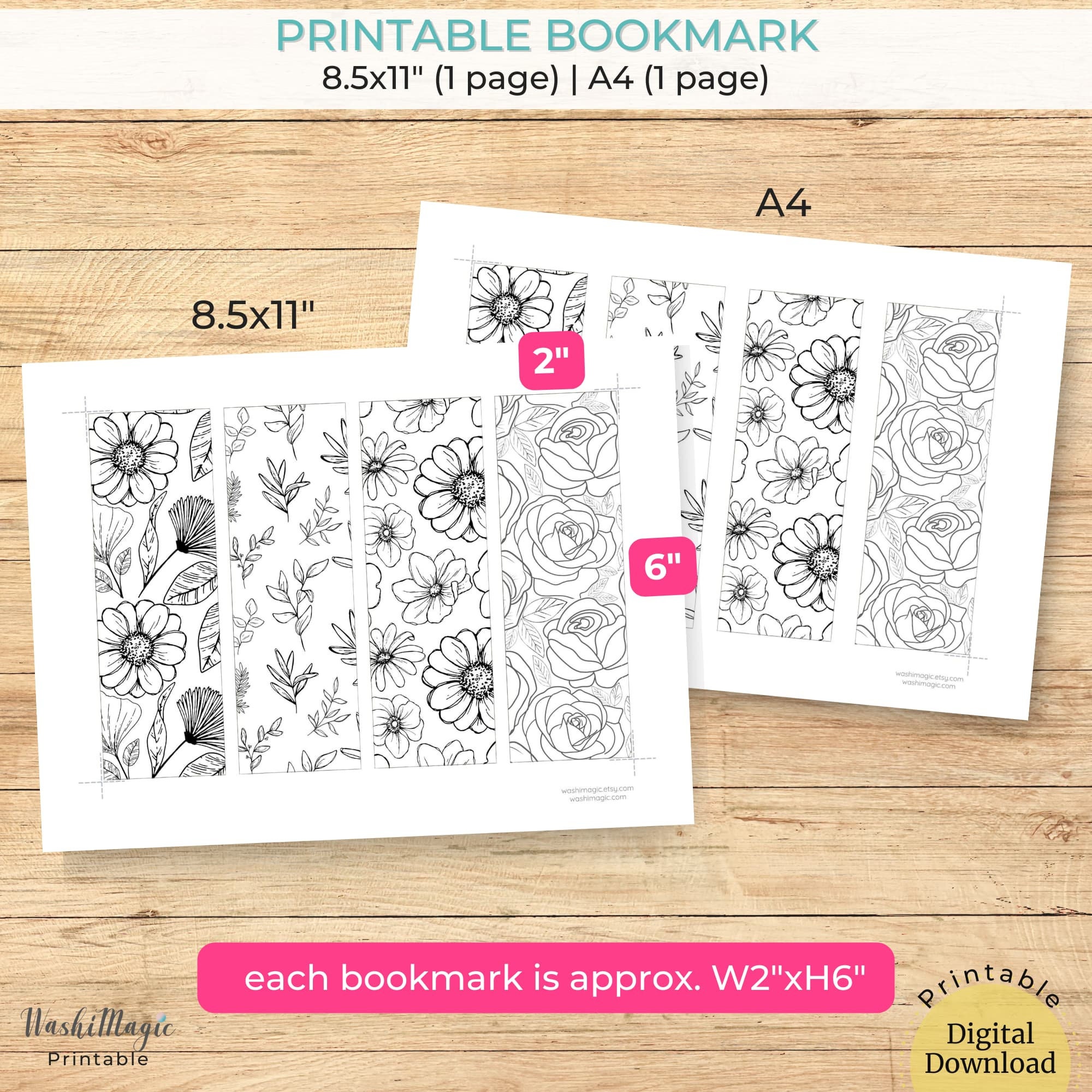 Printable Bookmarks Set of 4 Black & White Coloring Floral Leaves ...