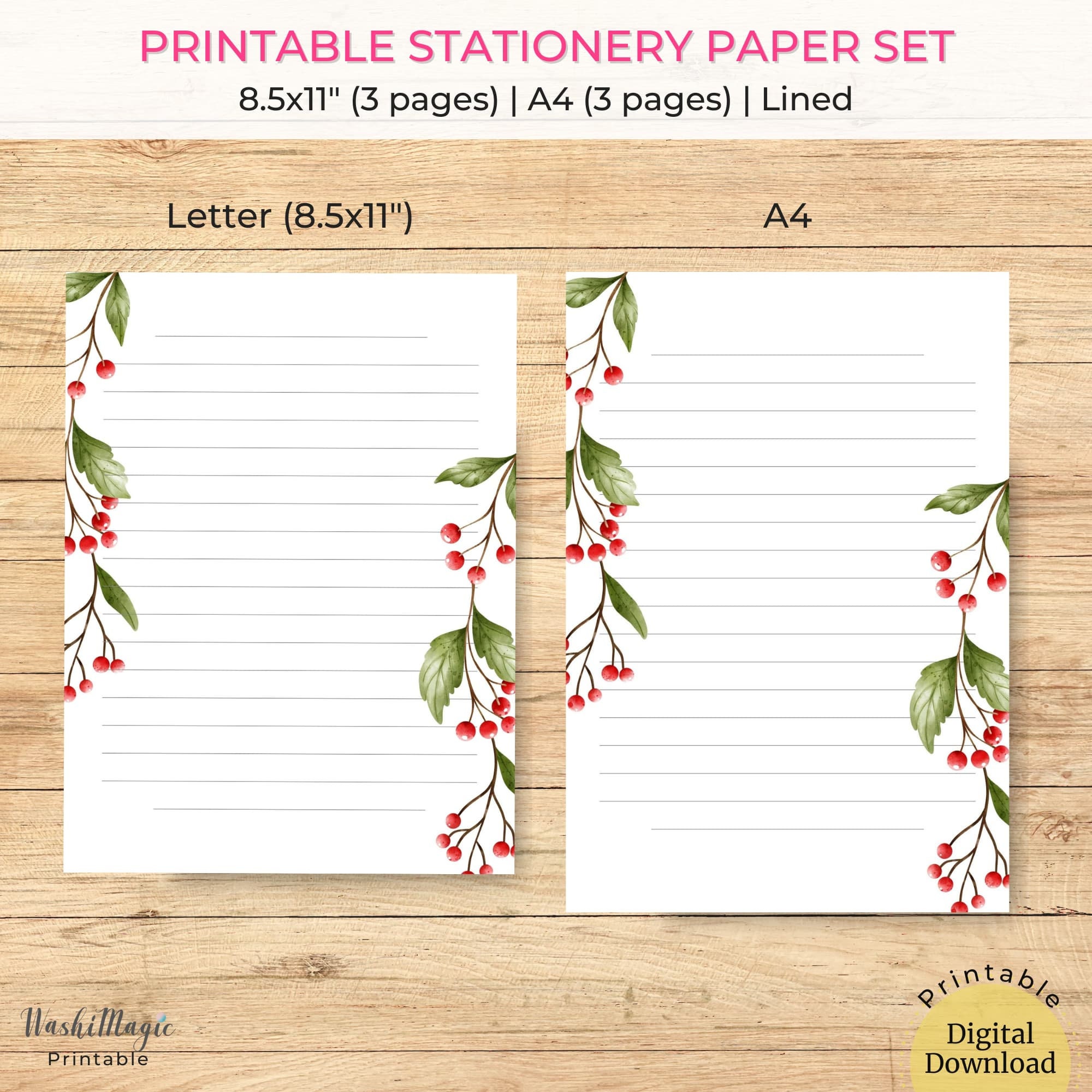 Red Berries Printable Paper Set of 3 Unique Berries Design Stationery ...