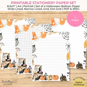 Halloween Pumpkin Balloon Stationery Set of 4 Printable, Wide & Narrow ...