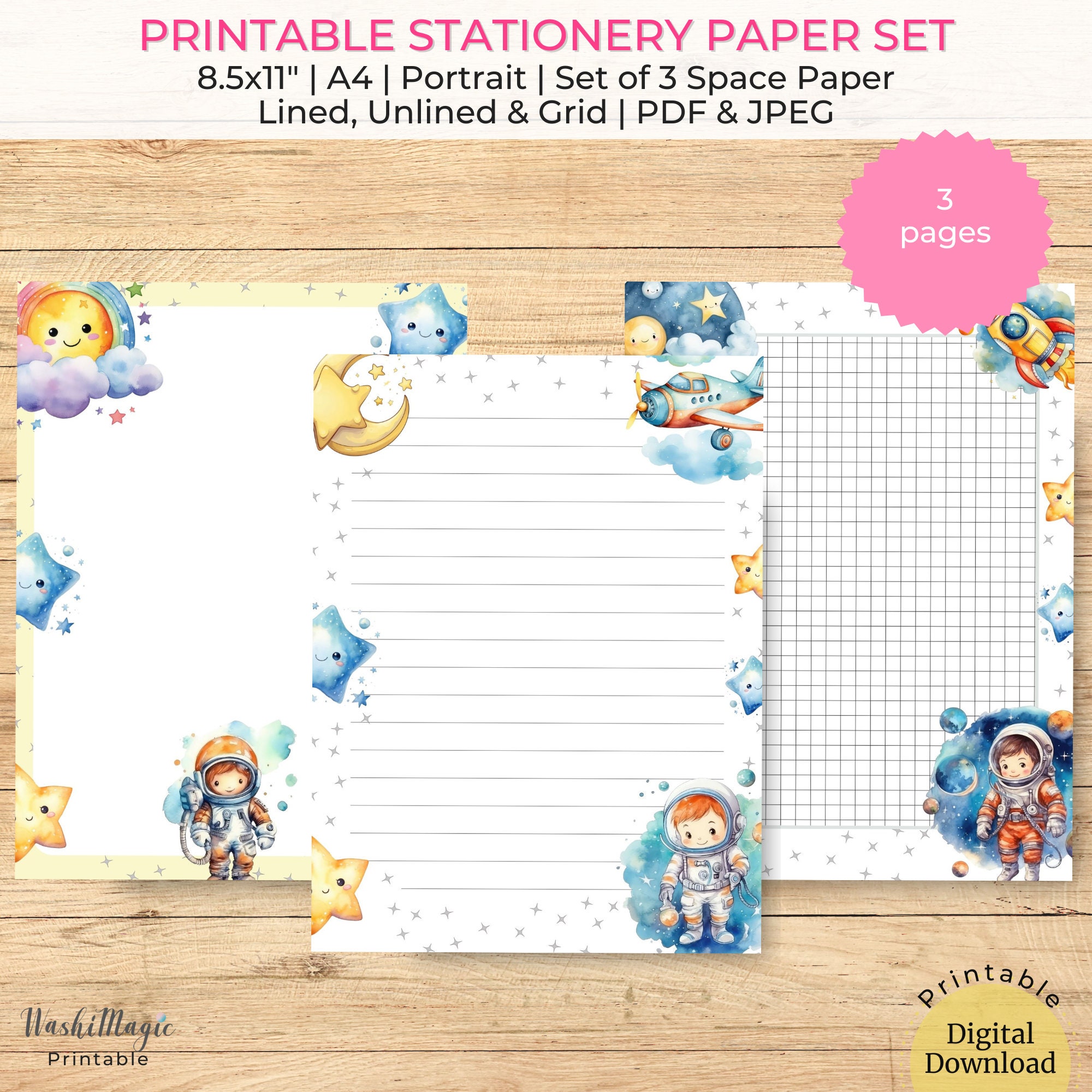 Colorful Space Rocket Ship Notebook Paper Printable, Grid Paper, Kawaii ...