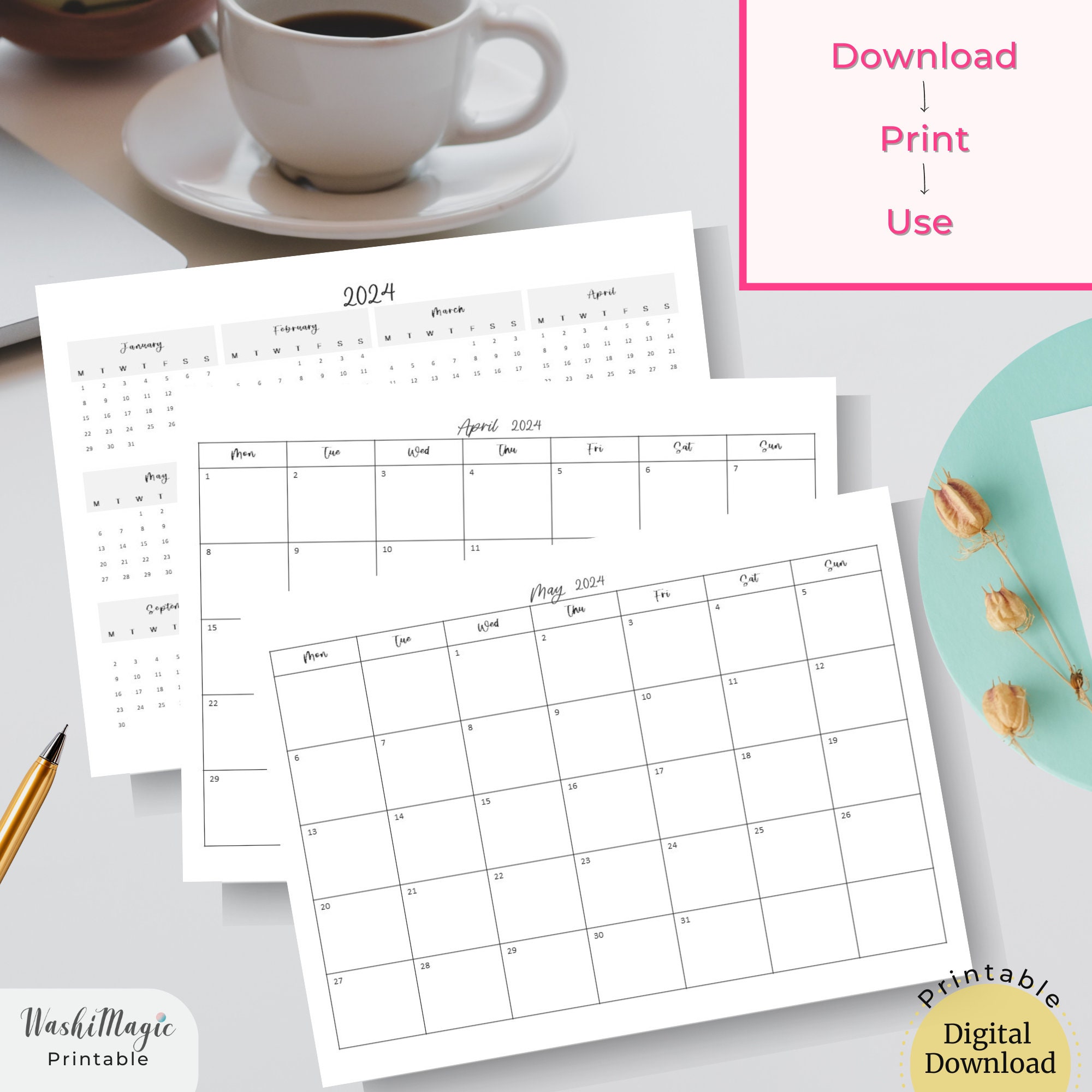 2024 Landscape 12 Month Calendar Printable Minimal Calendar - Etsy