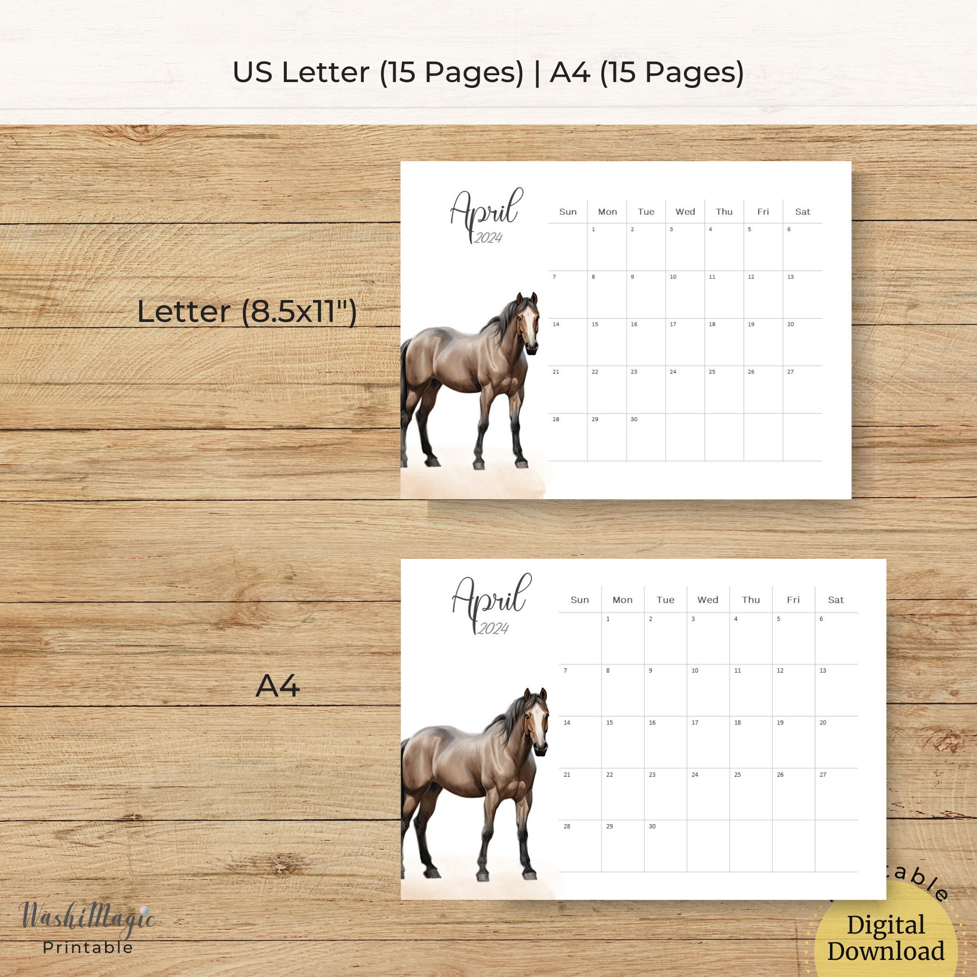 Horse Calendar Printable Landscape 2024 Monthly Planner, Yearly Wall ...