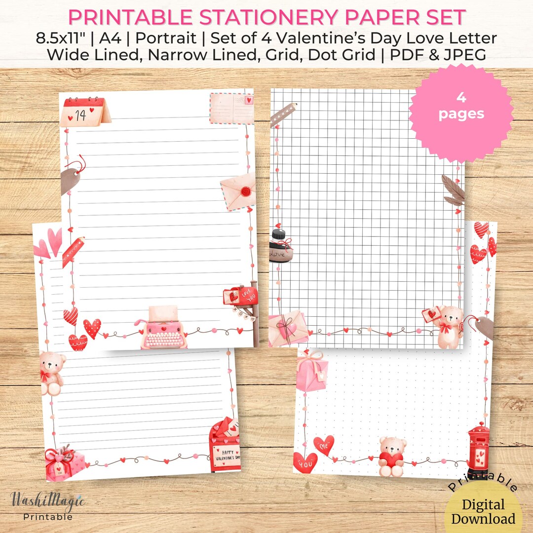 Valentine's Day Love Letter Notebook Paper, Set of 4 Cute Letter Set ...