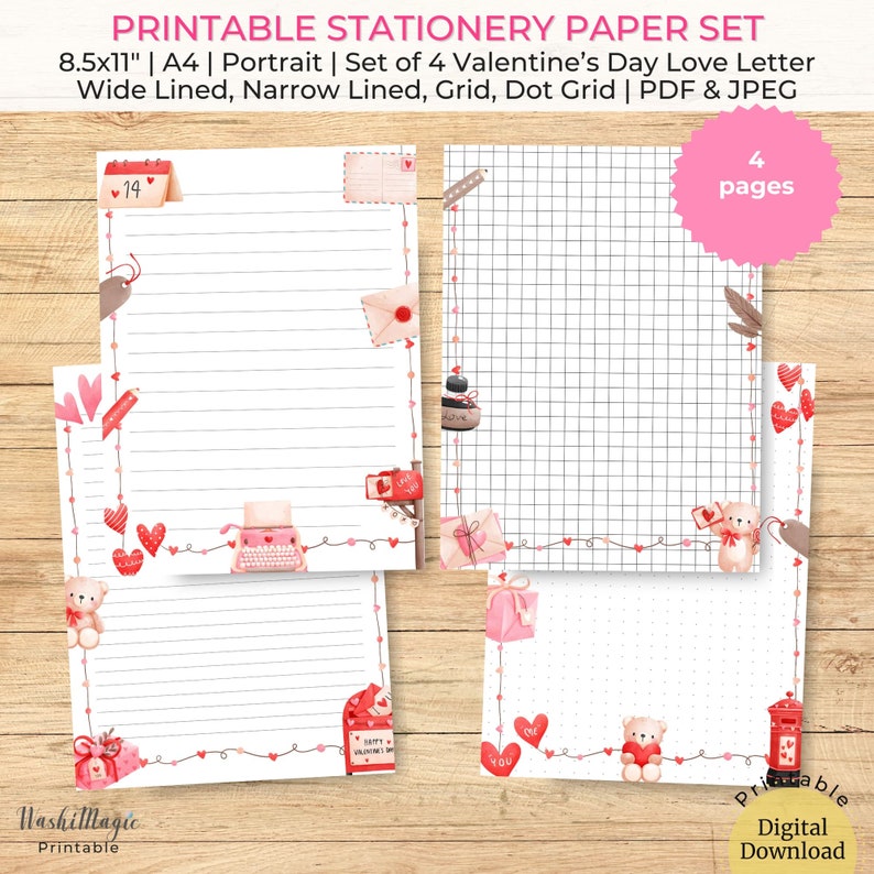 Valentine's Day Love Letter Notebook Paper, Set of 4 Cute Letter Set ...