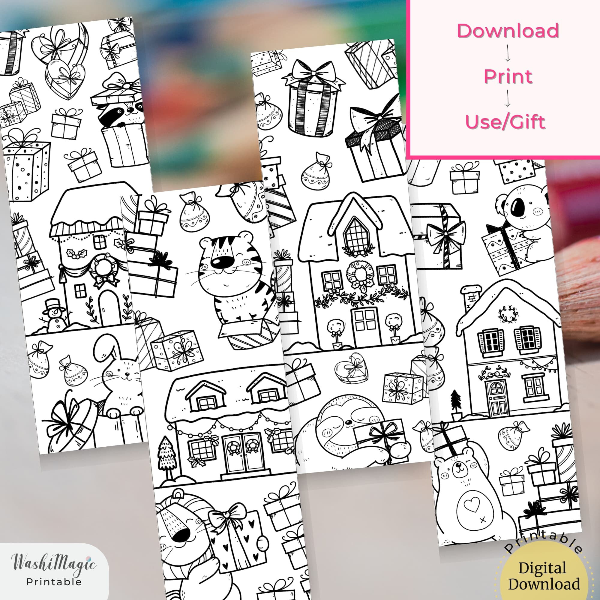 Christmas Themed Coloring Bookmarks for Kids Set of 4, Happy Animal ...