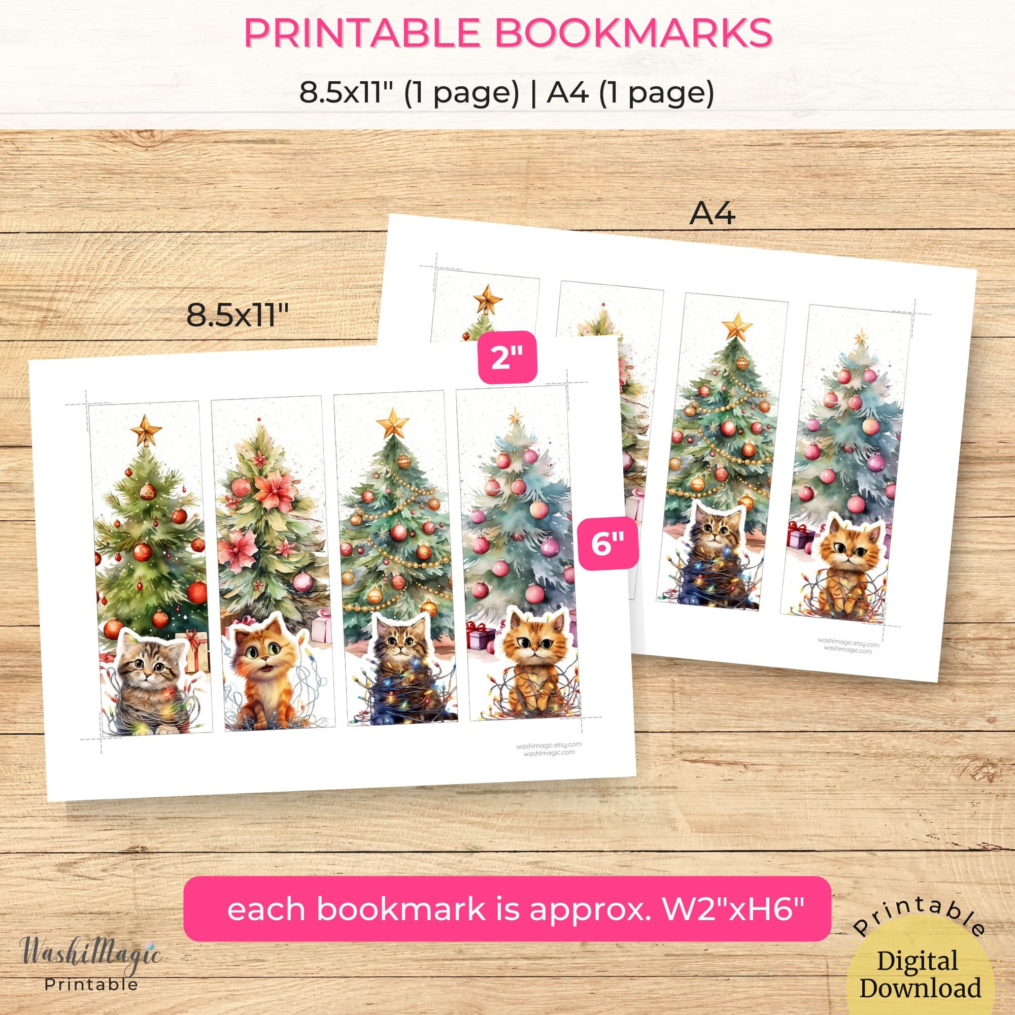 Printable Bookmarks Christmas Tree & Cat Set of 4, Cute Christmas ...