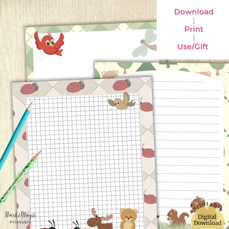 Woodland Animals Printable Stationery Paper Set , Lined Unlined Grid ...