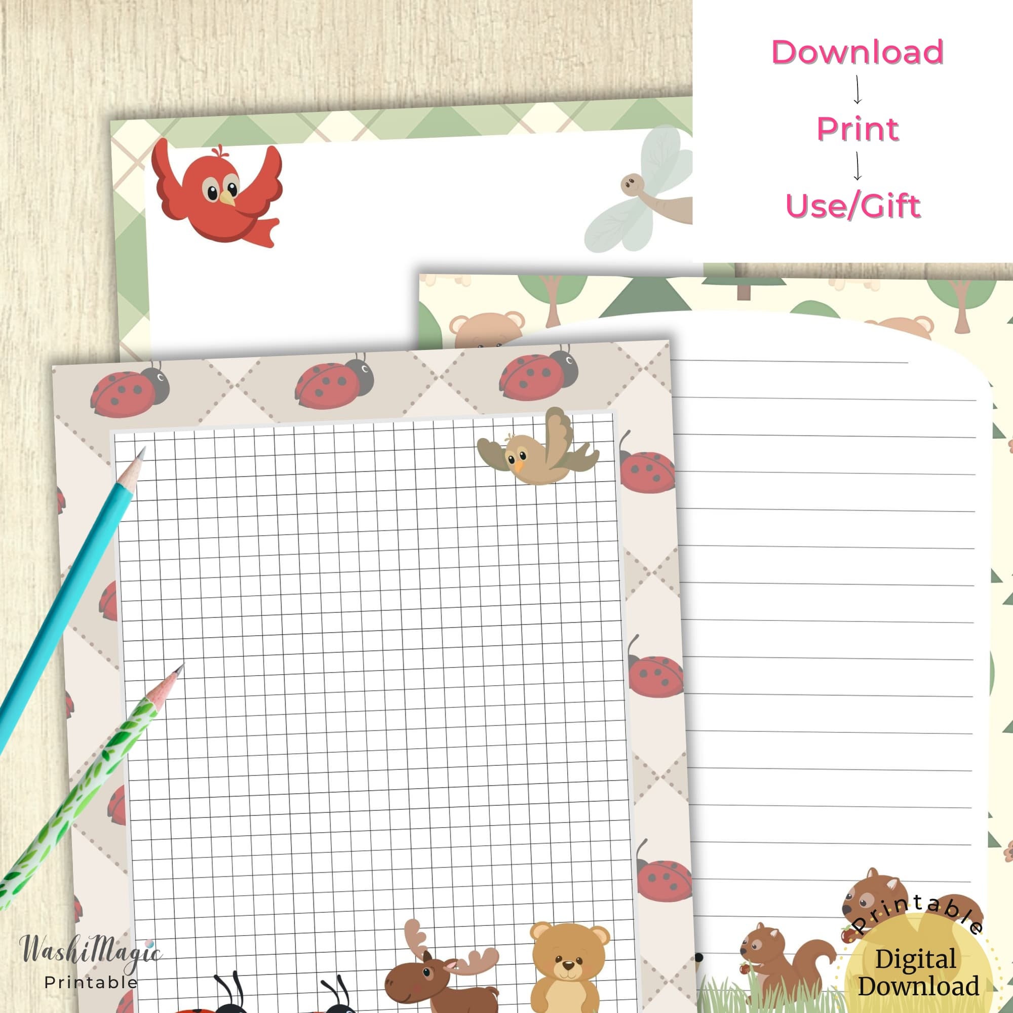 Woodland Animals Printable Stationery Paper Set , Lined Unlined Grid ...
