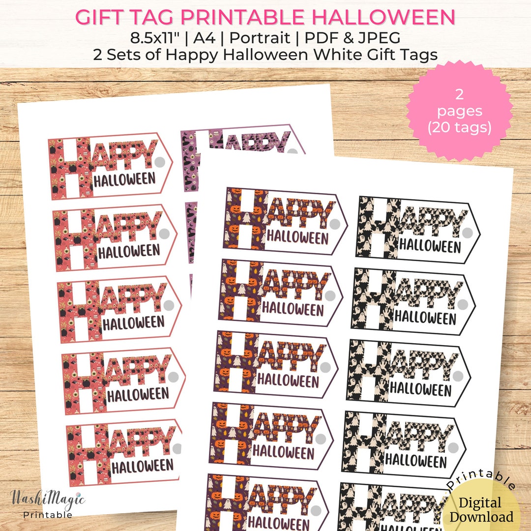 Printable Happy Halloween White Gift Tags, Halloween Treat Tag ...