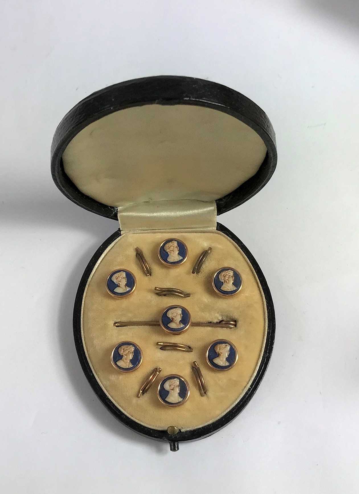 Boxed Set of Six Cameo Buttons / Studs and Matching Brooch / Tie Pin. C ...