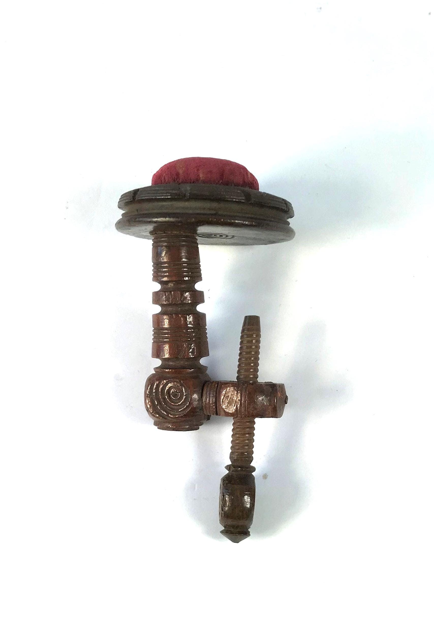 Antique Victorian Turned Oak Sewing Clamp With Red Silk Pin Cushion Top ...
