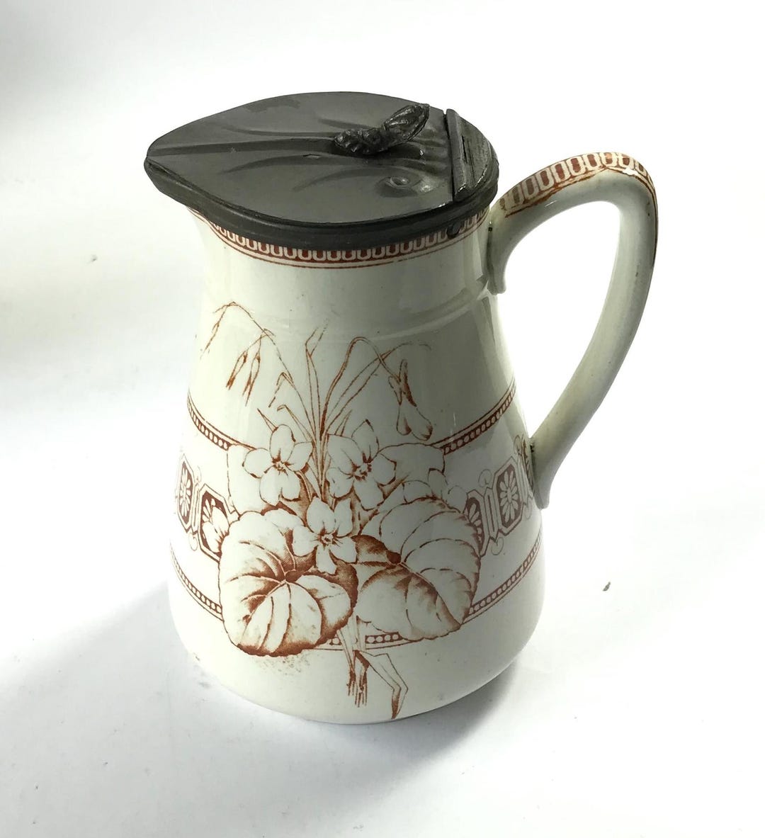 Antique Cream Coloured Pitcher/jug With Attractive Tan Floral Pattern ...