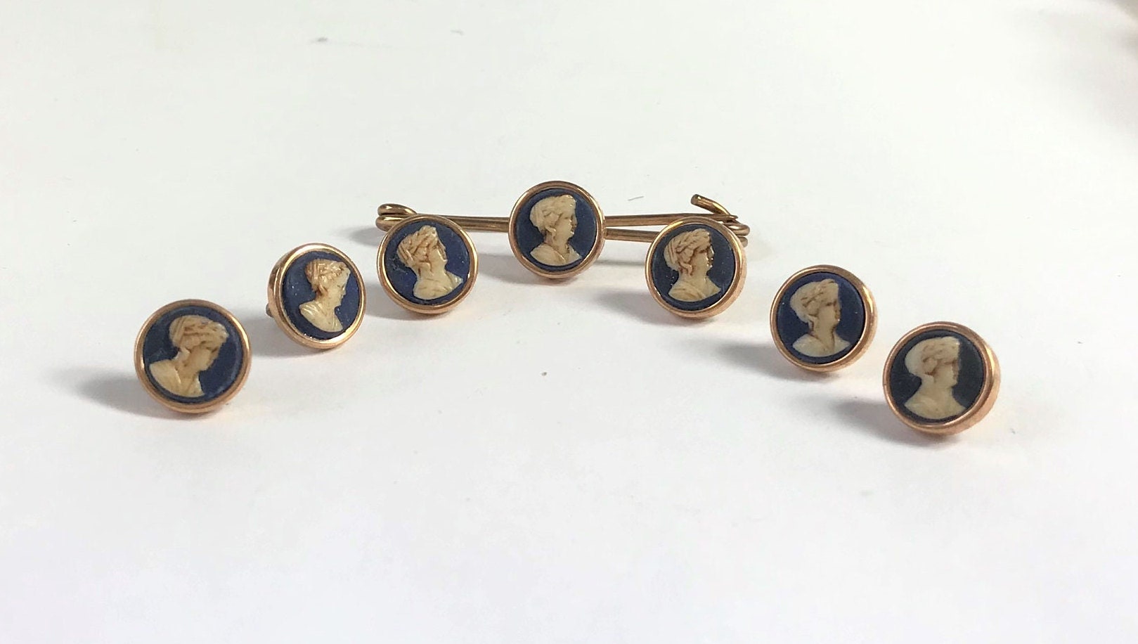 Boxed Set of Six Cameo Buttons / Studs and Matching Brooch / Tie Pin. C ...
