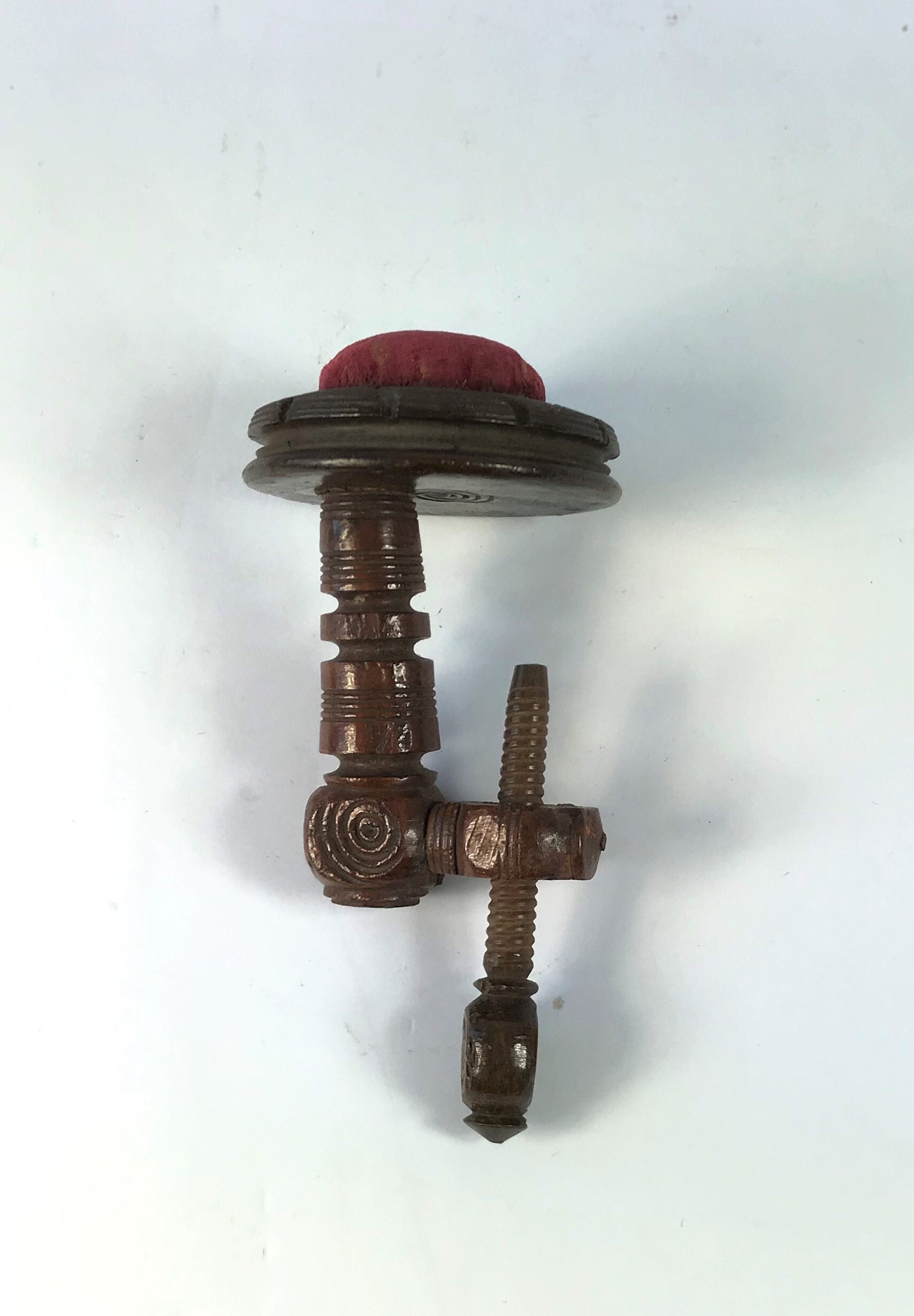 Antique Victorian Turned Oak Sewing Clamp With Velvet Pin Cushion Top ...