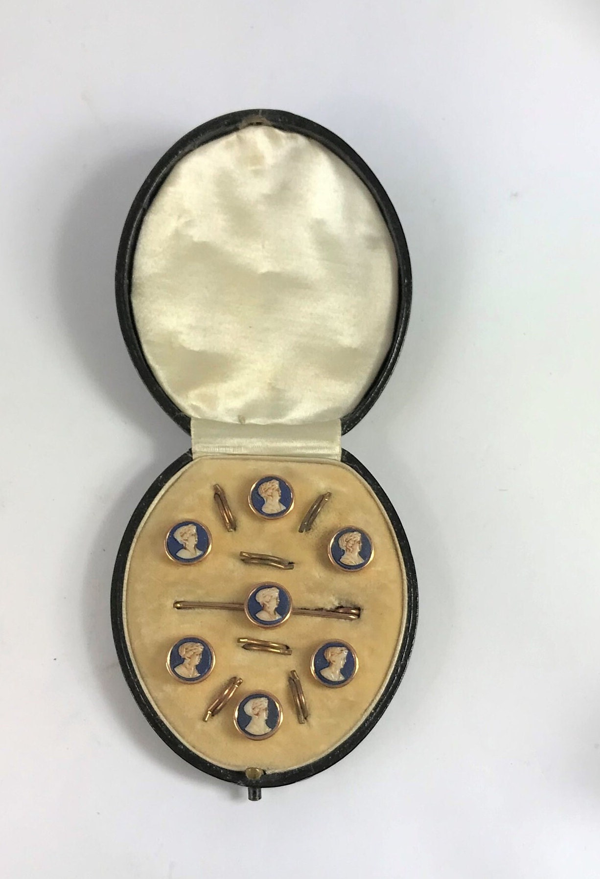 Boxed Set of Six Cameo Buttons / Studs and Matching Brooch / Tie Pin. C ...