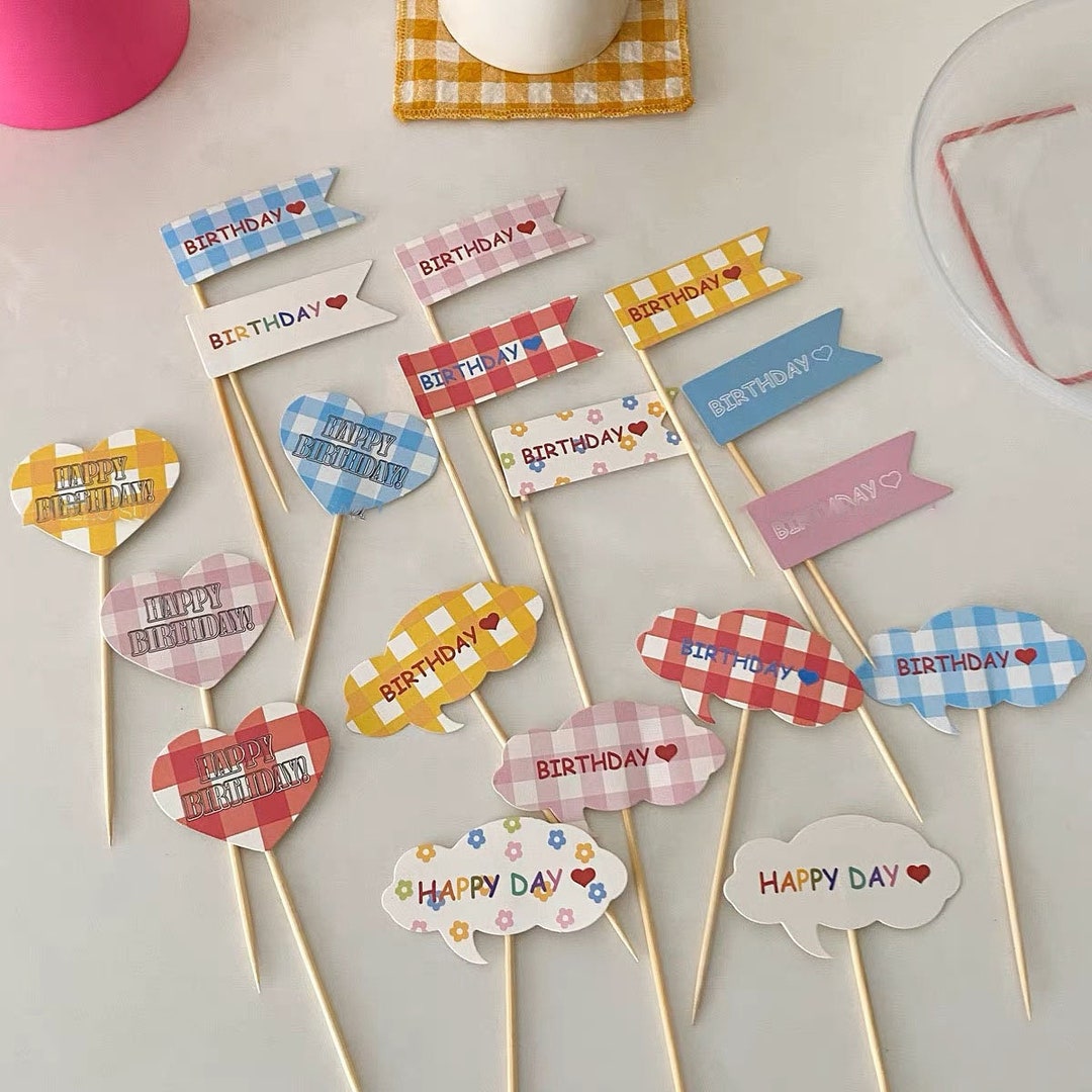 Happy Birthday Cake Topper Set| Plaid Flag Cake Toppers| Heart Shaped ...