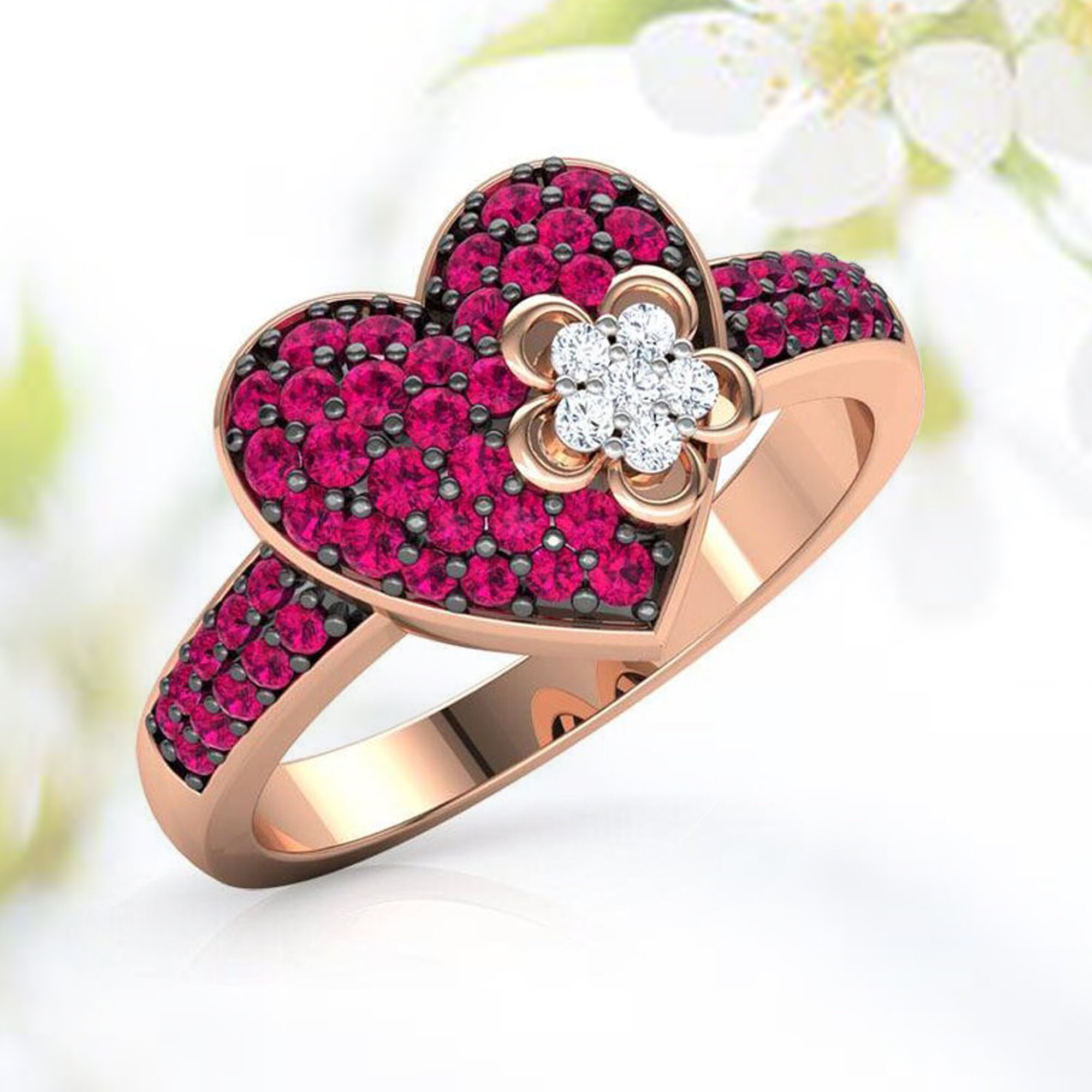 Red Ruby Heart Shape Ring Heart Touching Ring Rose Gold Ruby | Etsy