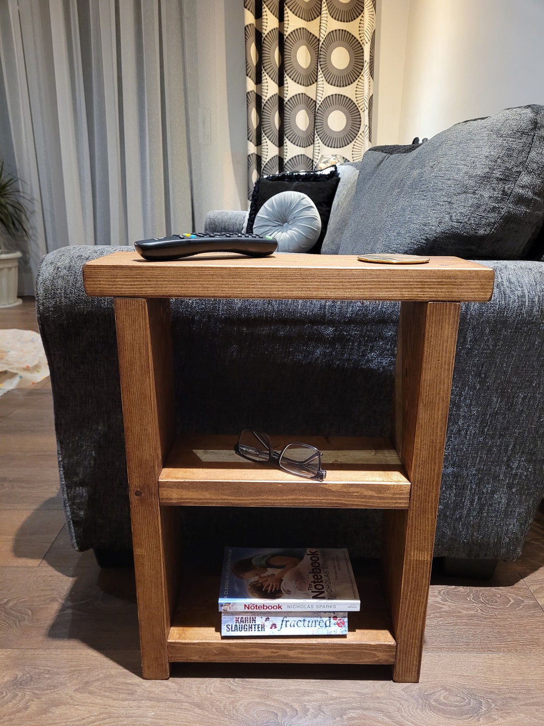 Rustic Wooden End With Two Shelves Slim Narrow Side Coffee Table ...