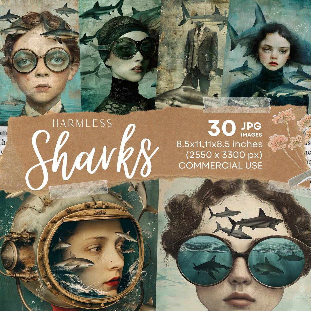 30 Harmless Sharks, Whimsical Shark Theme Design, Junk Journal Kit, Digital Pages, Scrapbook ...