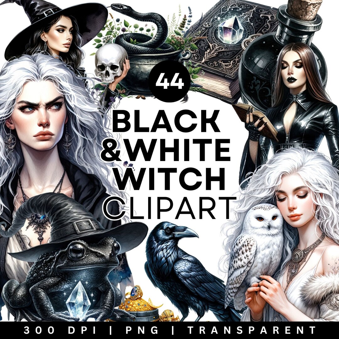 Watercolor Black & White Witch Clipart Bundle, Magic Witch Clip Art PNG ...