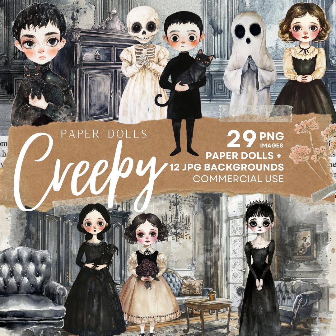 Gothic Spooky Paper Dolls Set Characters Clipart, Junk Journal ...