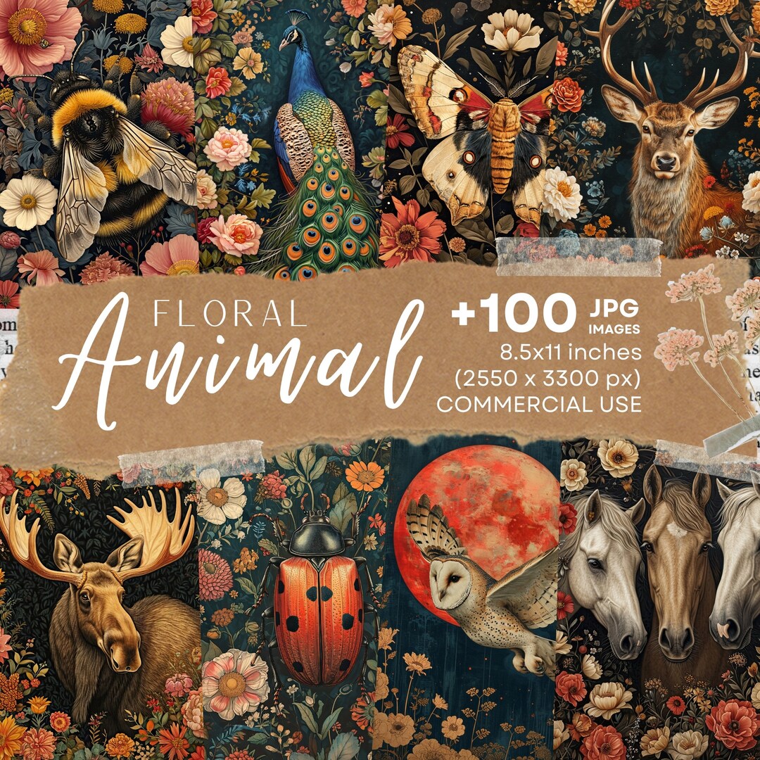 BIG Junk Journal Kit, Digital Pages Vintage Florals Animals, Scrapbook ...