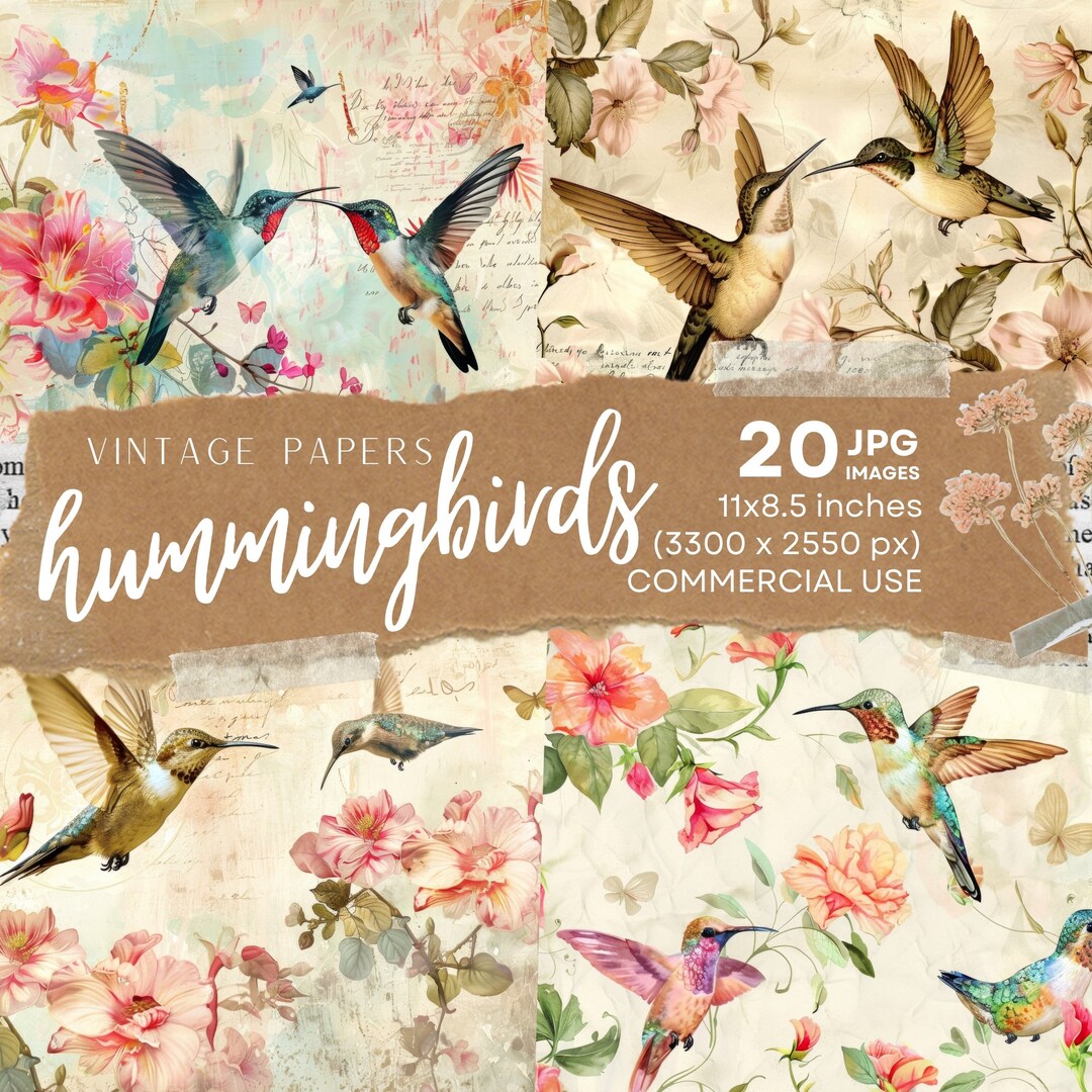 20 Vintage Hummingbirds Papers Jpg, Junk Journal, Digital Birds Paper ...