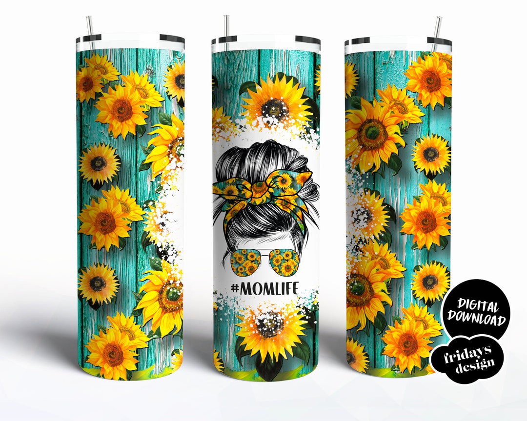 Sunflower Teal Tumbler Mom Life Messy Bun Tumbler Design Etsy