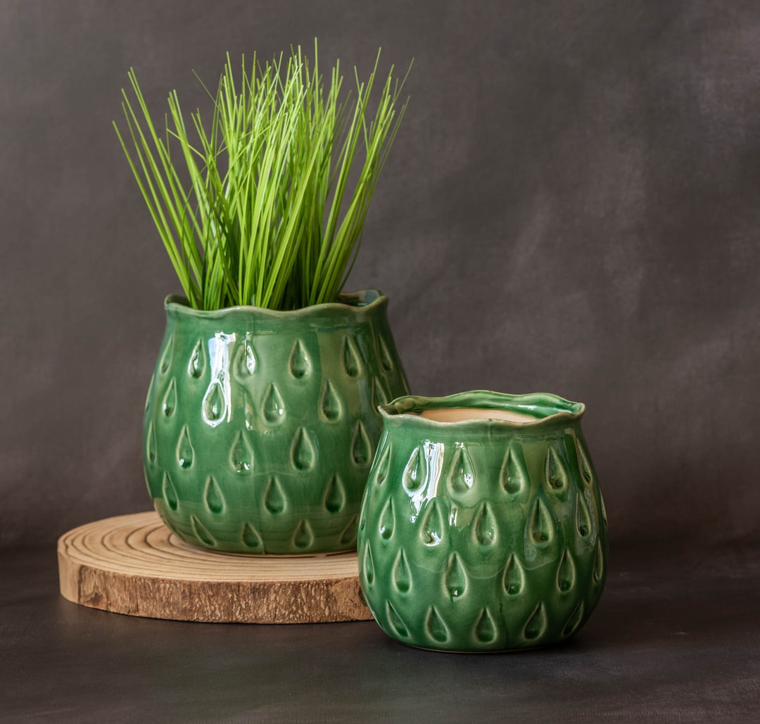 Ceramic Green Indoor Planter Glazed Plant Pot Teardrop Design Retro Plant Pot Planter Indoor ...
