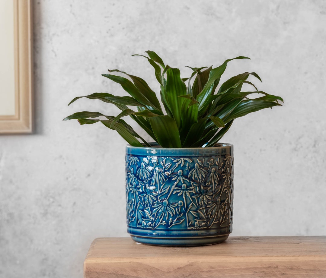 Blue Ceramic Planter Floral Design Plant Pot Blue Indoor Plant Pots ...