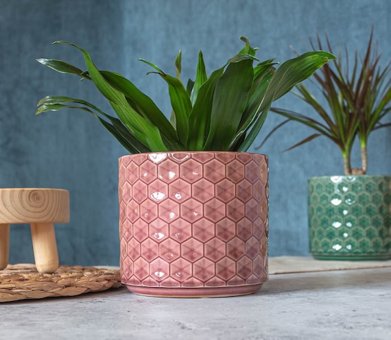Ceramic Pink Planter Glazed Plant Pot Honeycomb Pattern - Etsy UK