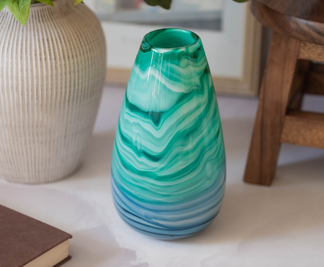 Hand Blown Glass Vase 26cm Green & Blue Rustic Vase Dried Flower Vase ...