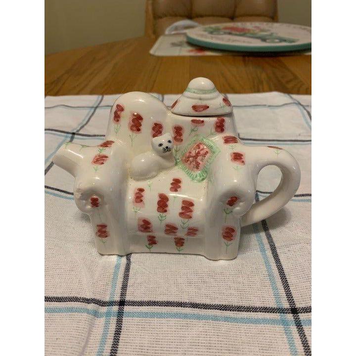 Tea Nee Teapot Cat on Sofa With White Pink Flowers Hand Painted Circa ...