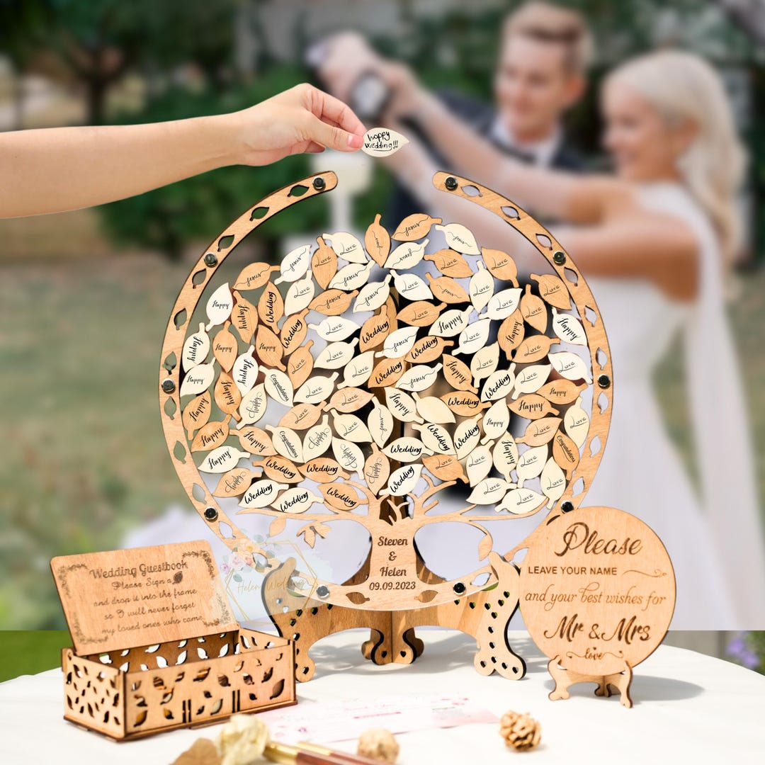 Tree & Leaves Wedding Guest Book Alternative: Rustic Wooden Guestbook ...