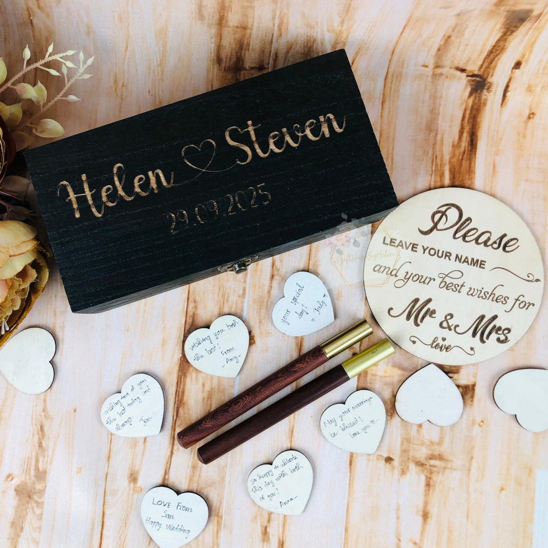 Personalized Wedding Guest Book Wish Box: Rustic Wooden Hearts Keepsake ...