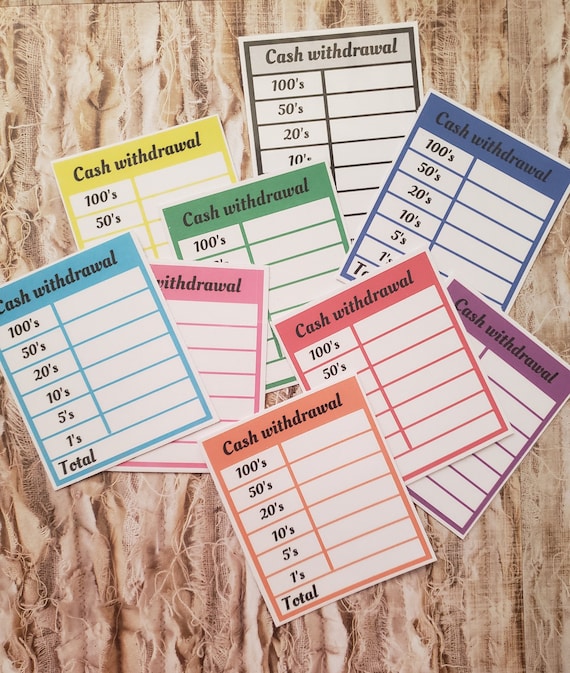 Cash Withdrawal Cards / Cash Envelope Inserts / Withdrawal | Etsy