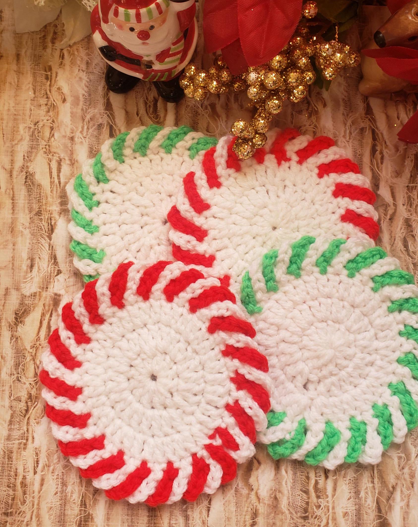 Handmade Crochet Peppermint Coasters / Set of 4 / Christmas Coasters ...