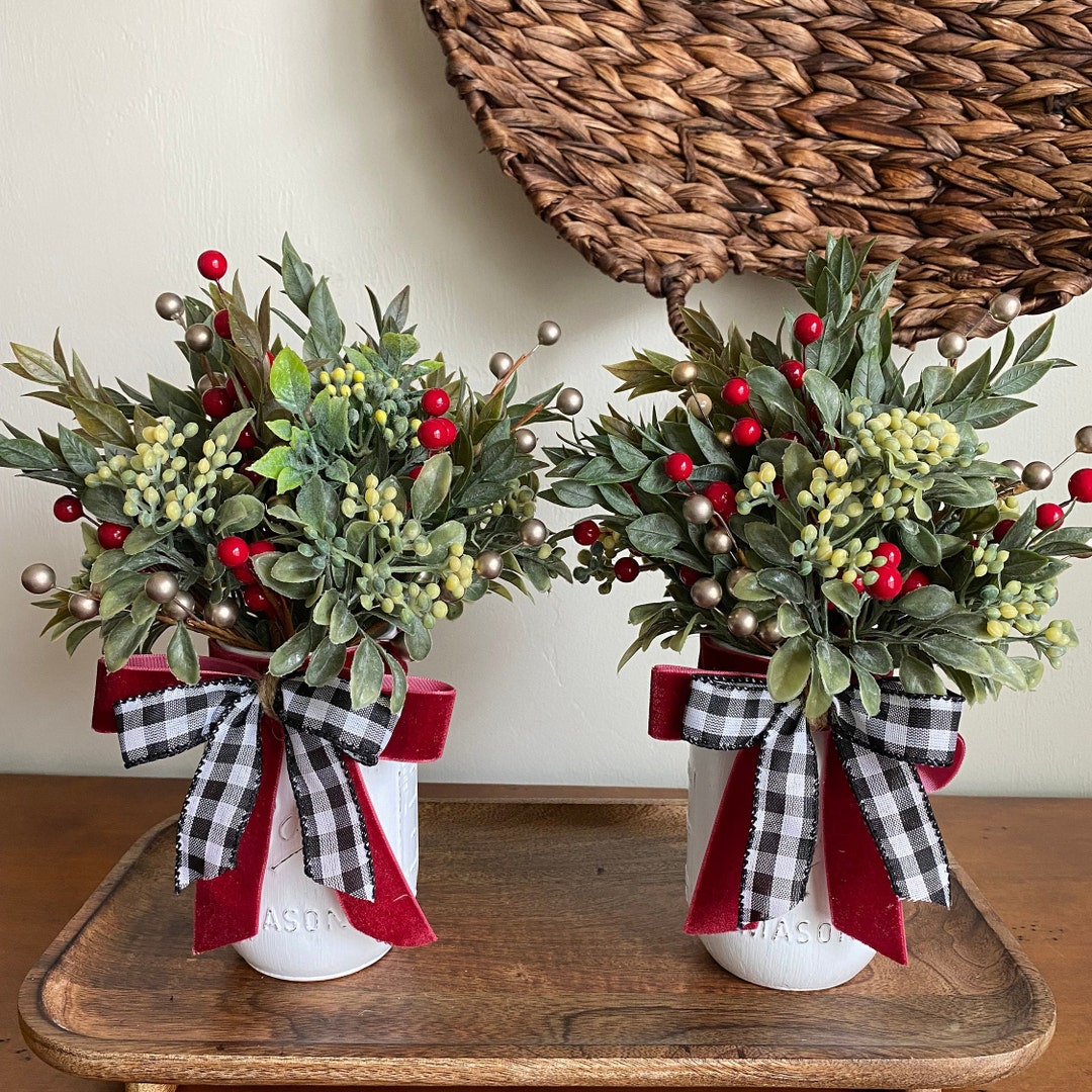 Christmas Mason Jar Centerpiece: Holiday Table Decor With Velvet Bow - Etsy