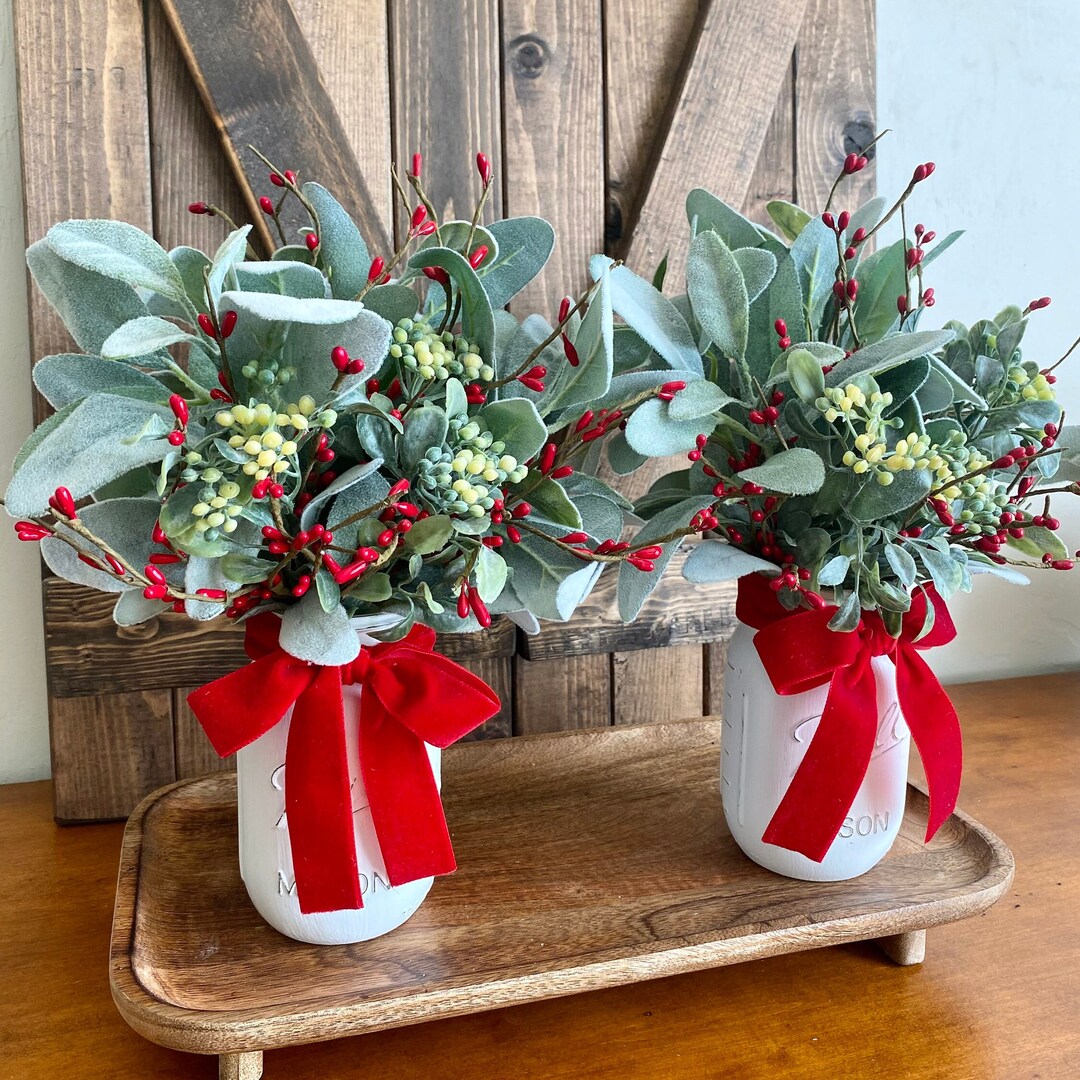 Christmas Mason Jar Arrangement, Set of Two Mason Jars, Holiday Jar ...