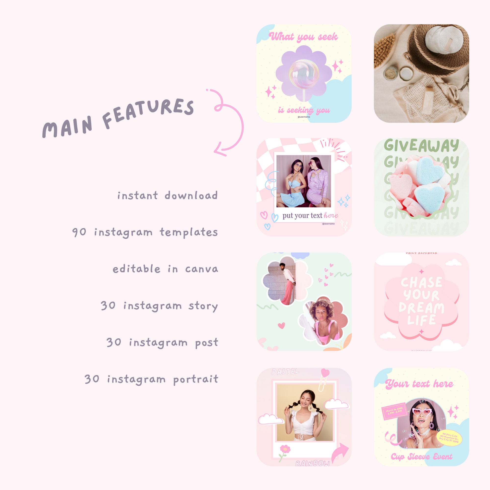 Instagram Templates Canva - Pastel Rainbow Pink Instagram Bundle ...