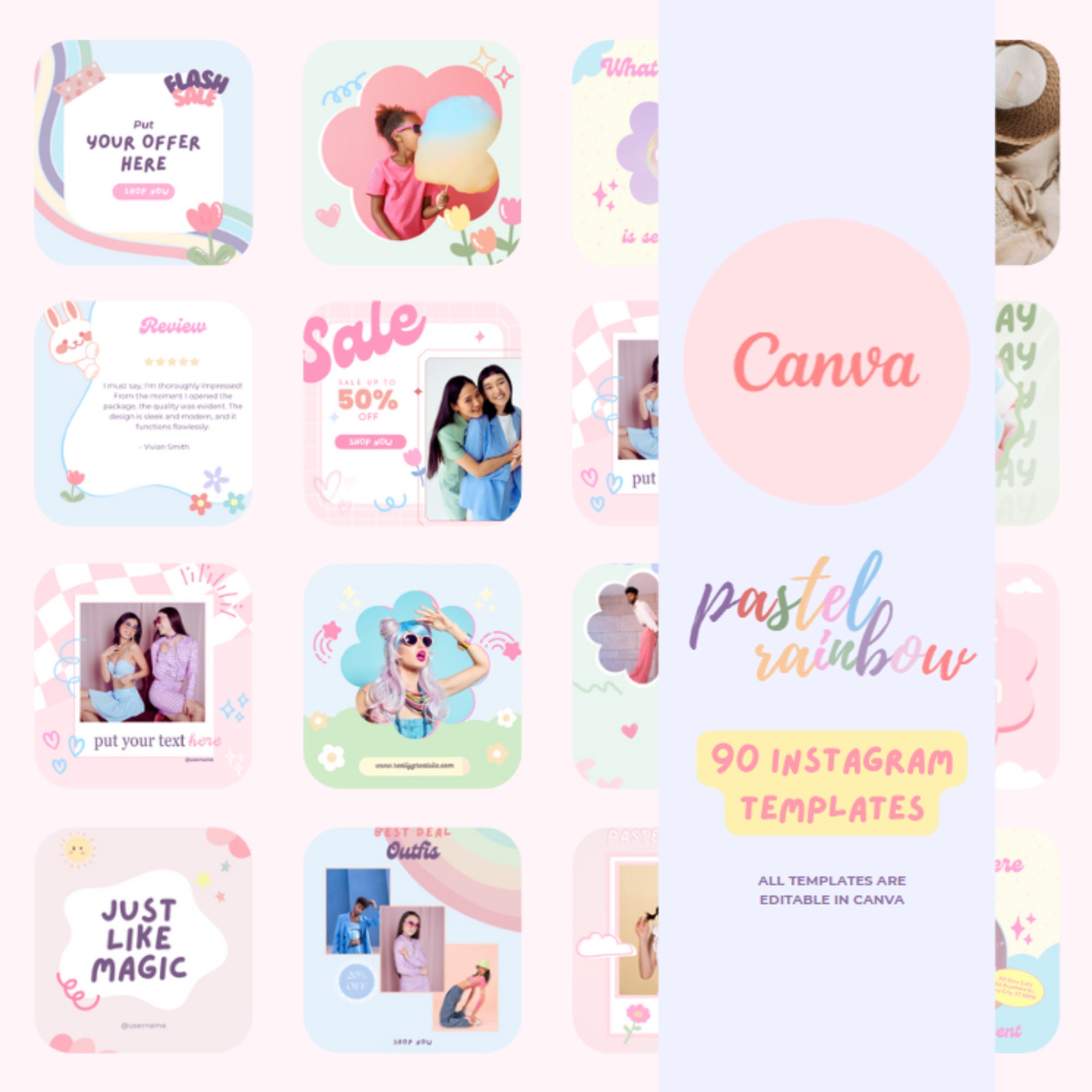 Instagram Templates Canva - Pastel Rainbow Pink Instagram Bundle ...