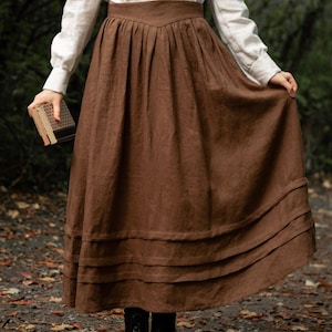 Marilla Linen Skirt, Pointed Yoke Waistband, Full Maxi Gathered Skirt ...