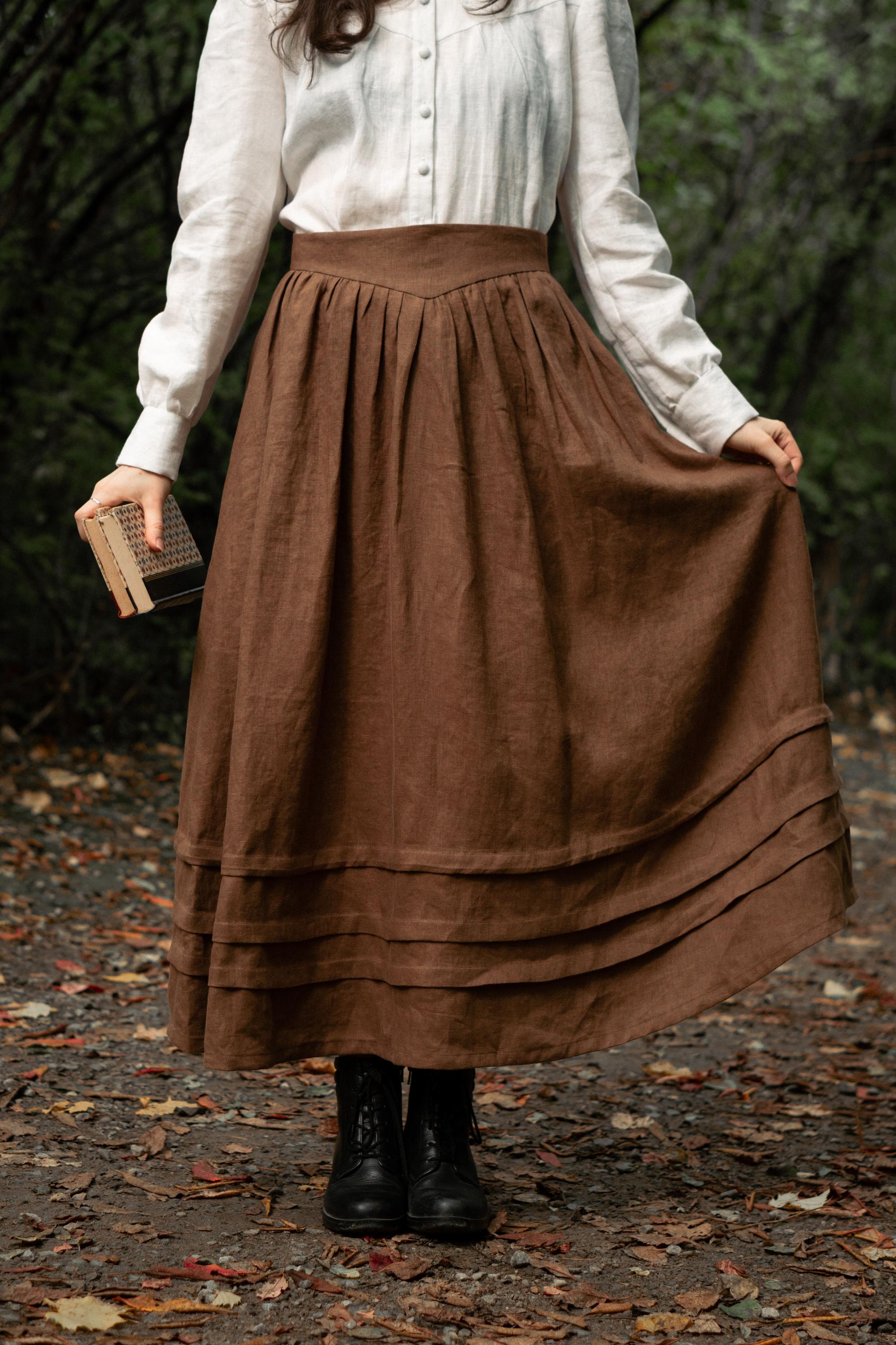 Marilla Linen Skirt, Pointed Yoke Waistband, Full Maxi Gathered Skirt ...