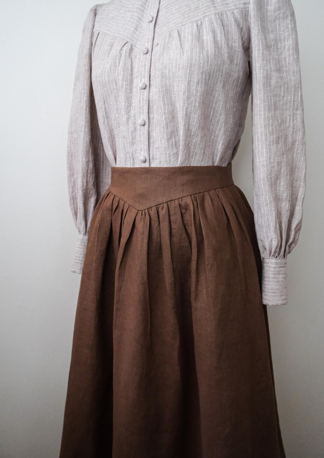 Marilla Linen Skirt, Pointed Yoke Waistband, Full Maxi Gathered Skirt ...