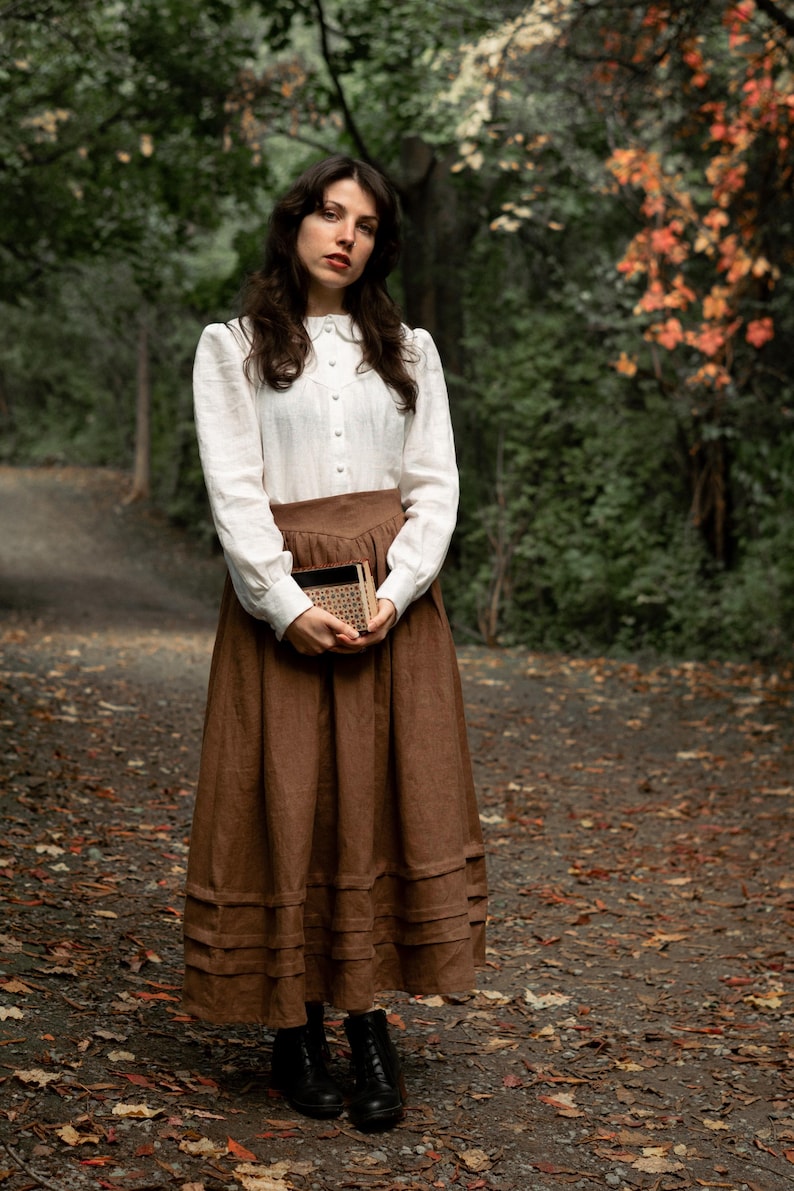 Marilla Linen Skirt, Pointed Yoke Waistband, Full Maxi Gathered Skirt ...