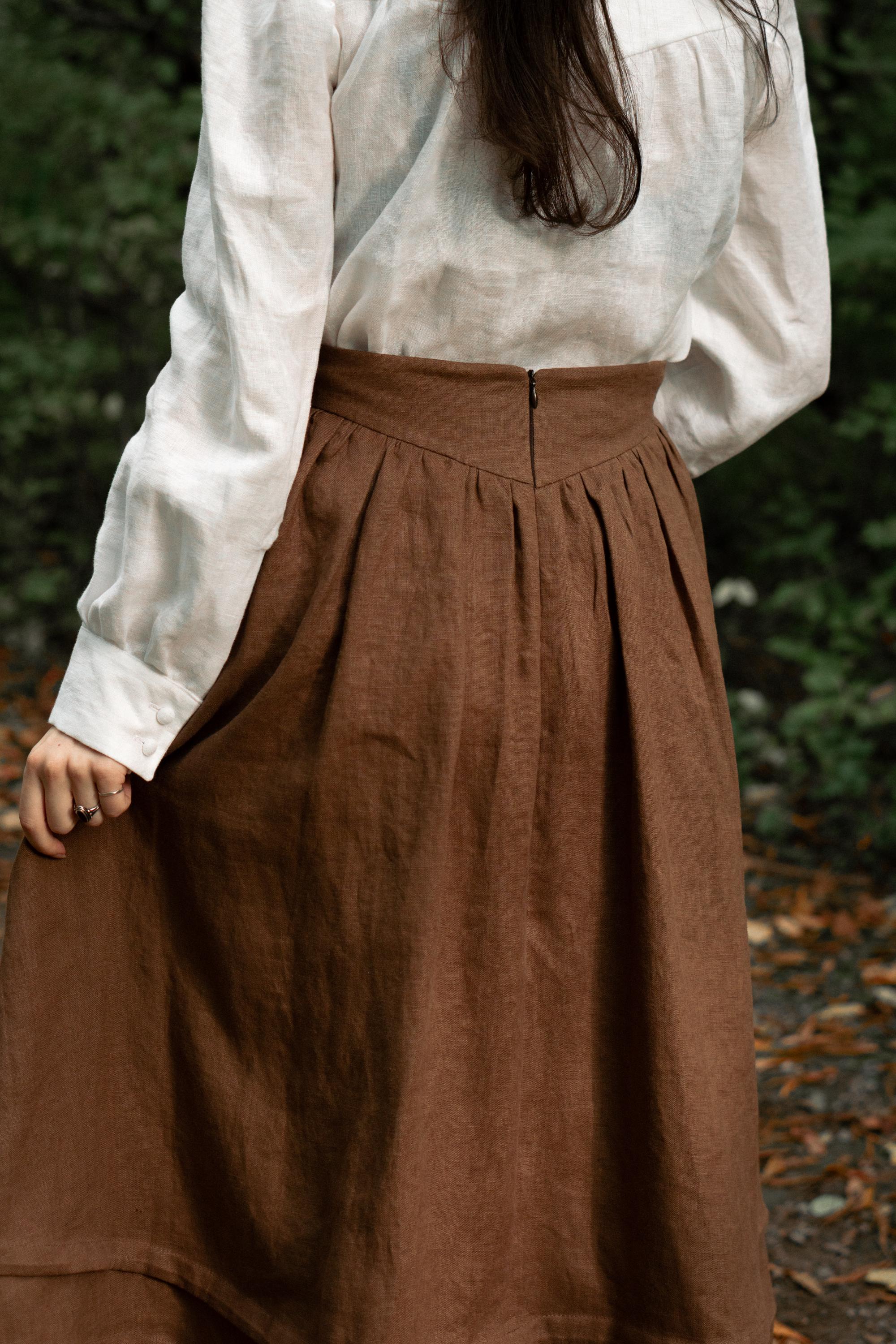 Marilla Linen Skirt, Pointed Yoke Waistband, Full Maxi Gathered Skirt ...