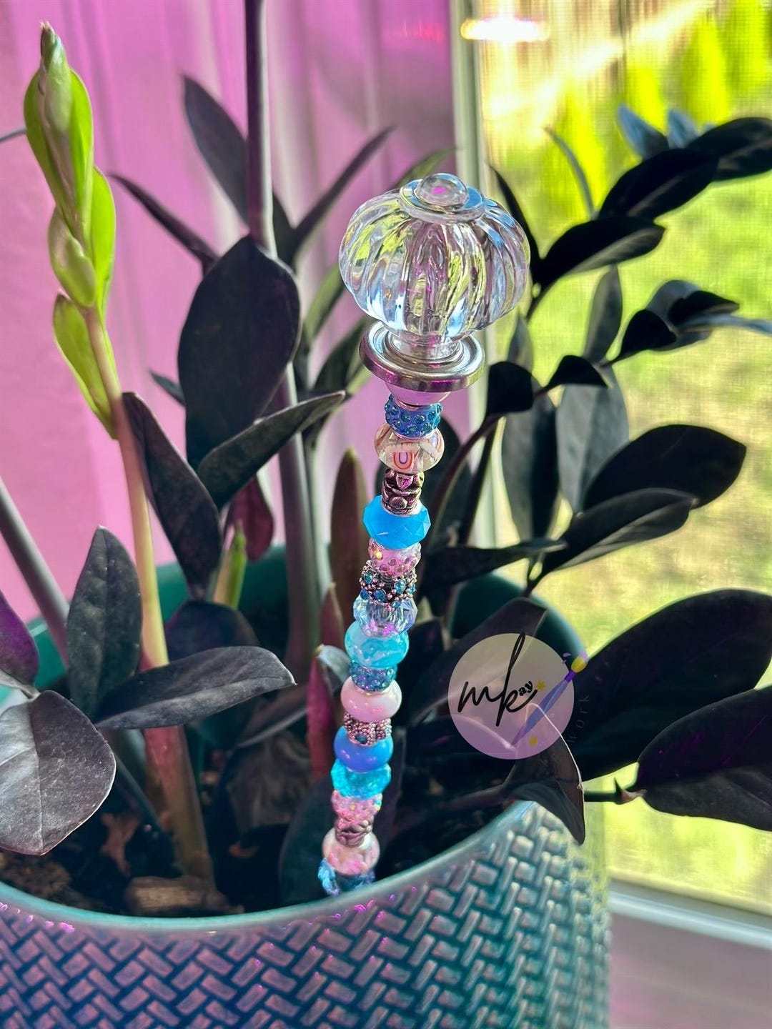 Blue Beaded Plant Stake. Jeweled Garden Stake. Garden Bling. Gem ...