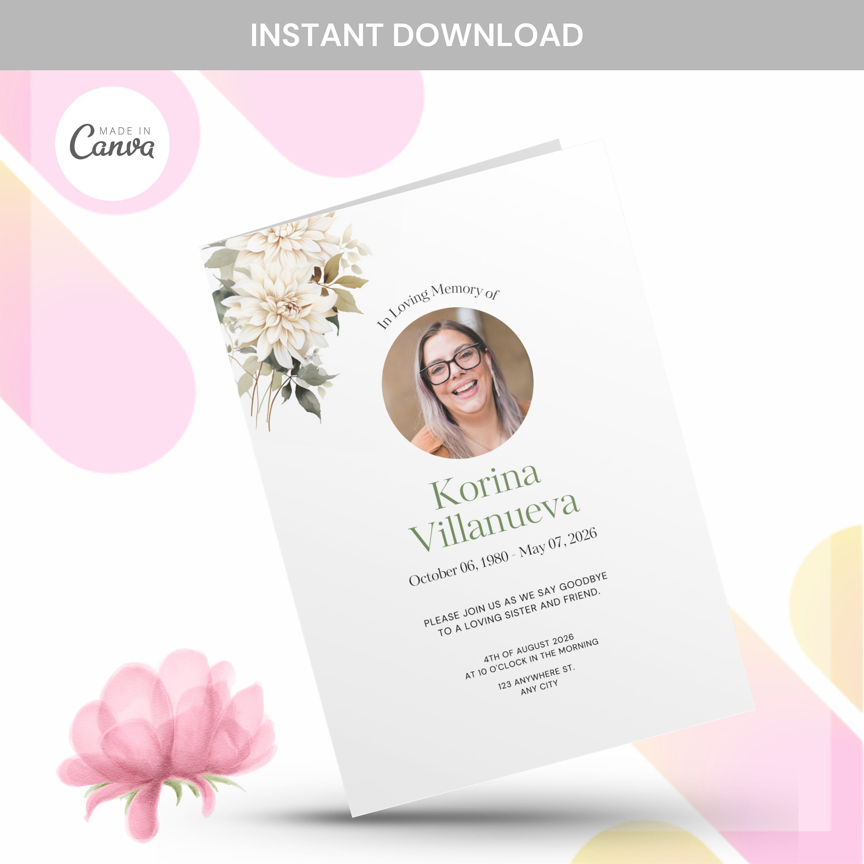 Editable Funeral Program Template, Memorial Service Template, Obituary ...