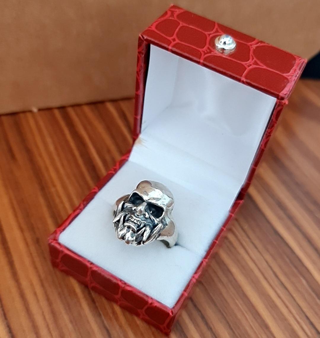 Handmade Japanese Sterling Silver Skull Ring With Samurai Art, Ancient ...