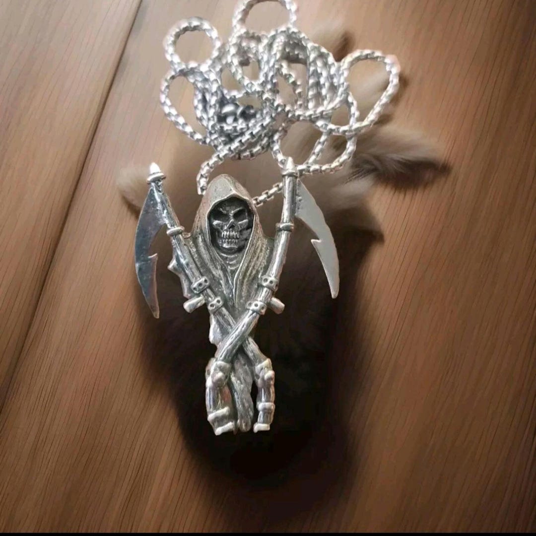 Vintage Large Gothic Grim Reaper Scythe Skull Necklace Santa Muerte ...